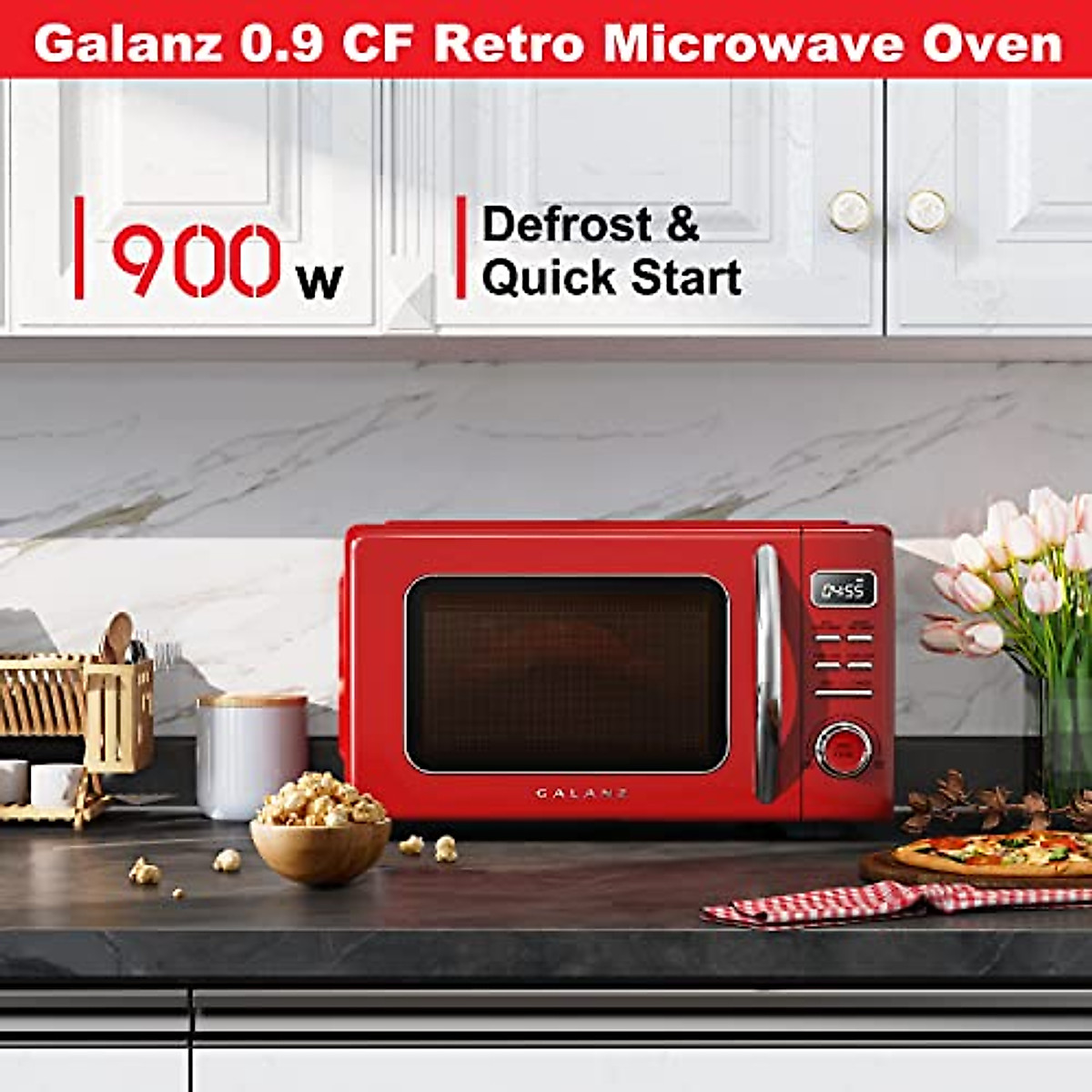 Galanz GLCMKZ09RDR09 Retro Countertop Microwave Oven with Auto Cook & Reheat, Defrost, 0.9 cu ft, Red & Retro Electric Kettle with Heat Resistant Handle and Cordless Pour, 1.7 L, Red