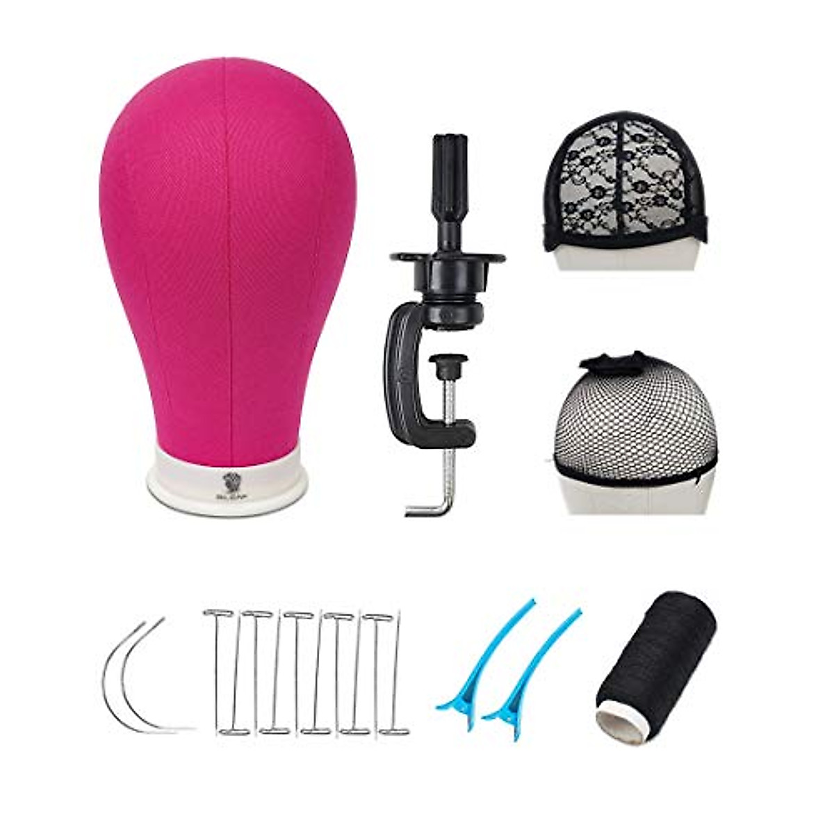 22 Inch Canvas Block Head Mannequin Wig Head With Stand Pink Styling Mannequin Block Head Set Display Mannequin Head with Mount Holes(Rosy Head)