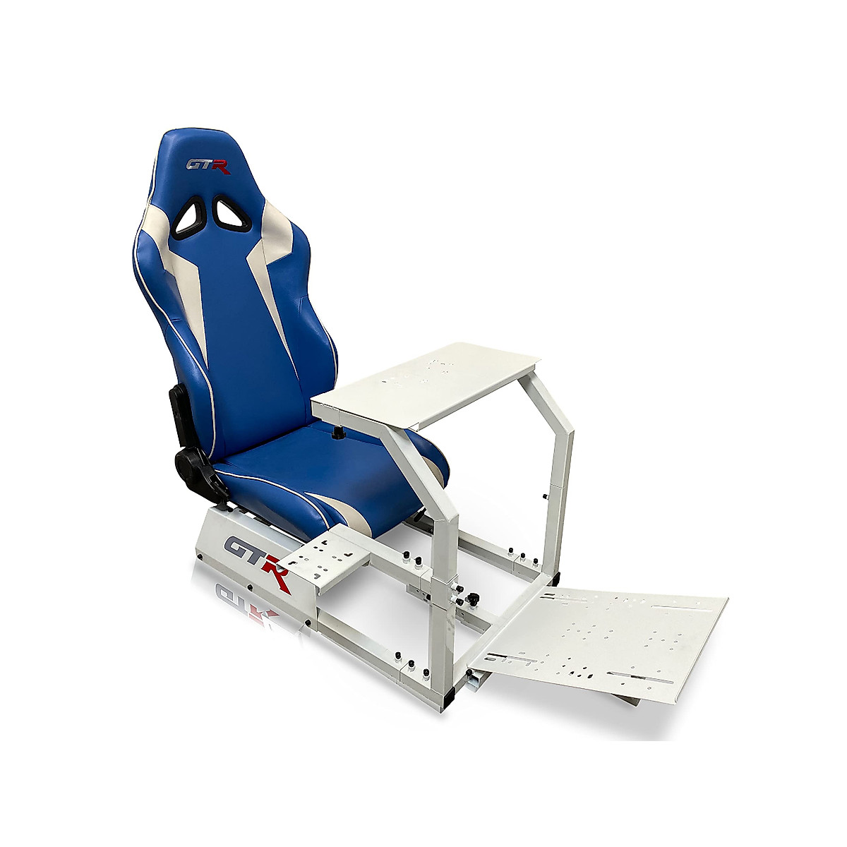 GTR Simulator GTA Model White Frame with Adjustable Blue White Leatherette Racing Seat Racing Driving Gaming Simulator Cockpit Chair