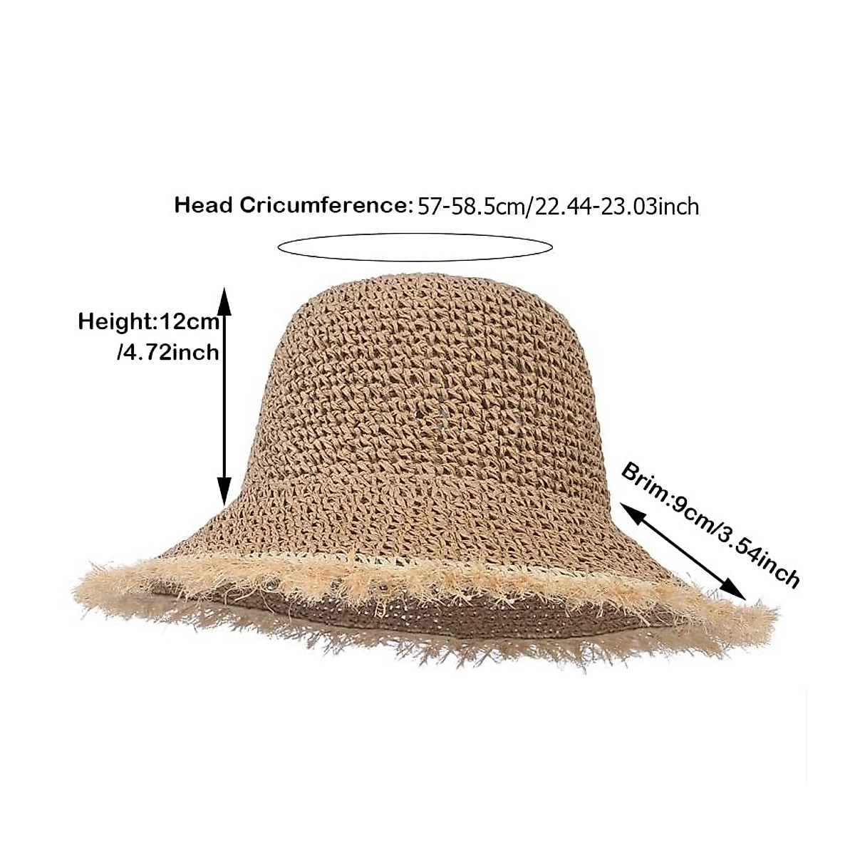 Floppy Straw Sun Hat for Womens Foldable Packable Wide Brim Summer Beach Hat Crochet Frayed Bucket Hat (M, Khaki)