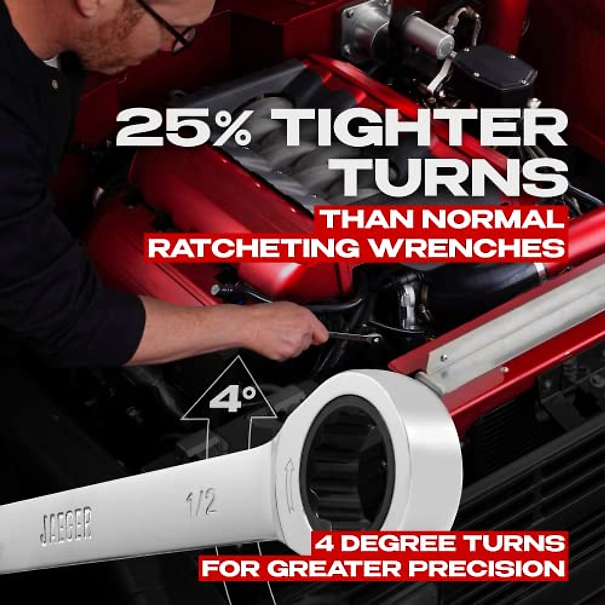 JAEGER 24pc IN/MM TIGHTSPOT Ratcheting Wrench Set - MASTER SET Including Inch & Metric With Quick Access Wrench Organizer - Our standard in combination wrench sets from gear to tip