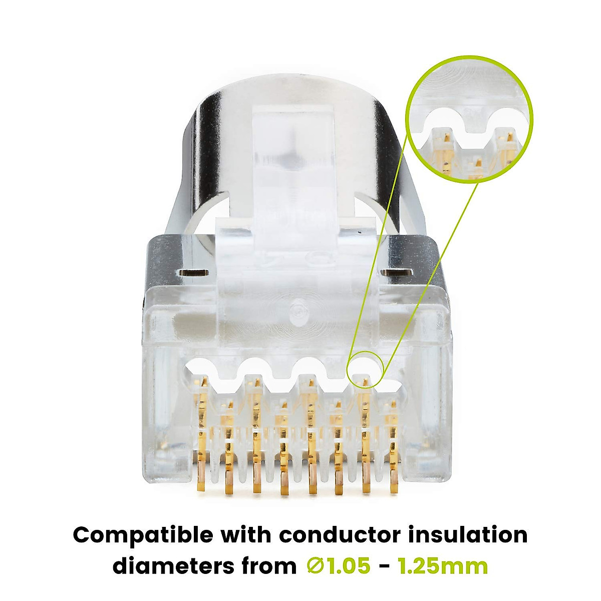 trueCABLE Cat6/6A RJ45 Pass Through Modular Plugs, Shielded (STP) External Ground Connector, UL Listed, EZ Crimp, Gold Plated 3 Prong 8P8C, 100 Pieces