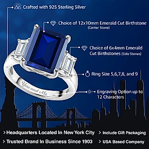 Gem Stone King 925 Sterling Silver Customized and Personalized Gemstone Birthstone 3-Stone Name Engraved Ring For Women | 7.60 Cttw | Emerald Cut 12X10MM and 6X4MM | Available In Size 5, 6, 7, 8, 9