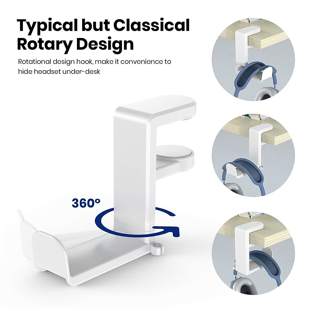 PC Gaming Headset Headphone Hook Holder Hanger Mount,Headphones Stand with Adjustable & Rotating Arm Clamp,Under Desk Design,Universal Fit,Built in Cable Clip Organizer EURPMASK White