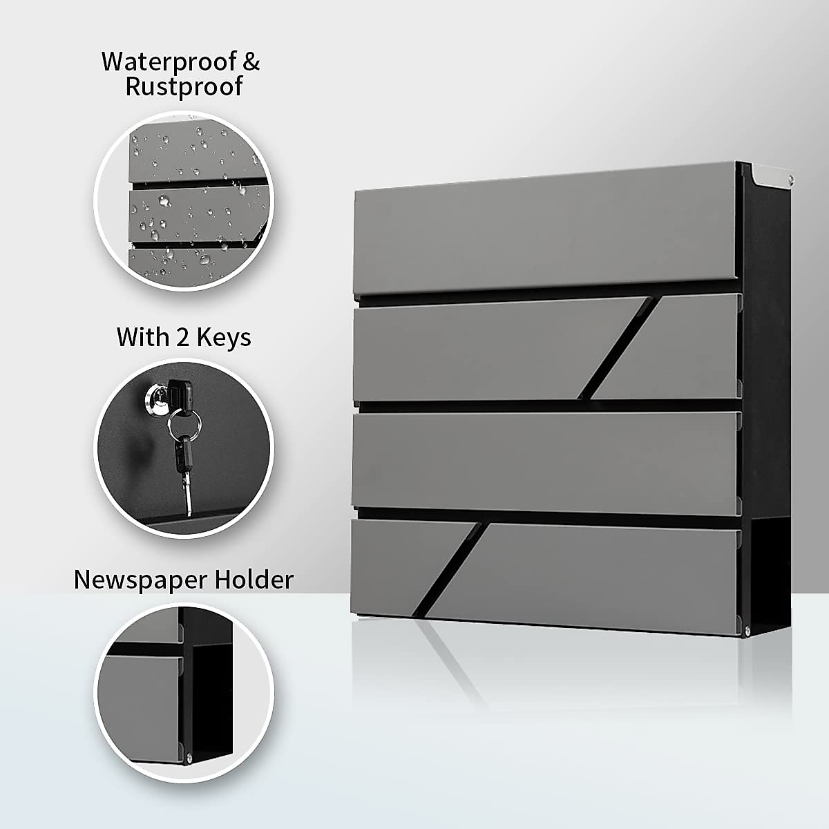 Yoocabinet Mailbox Wall Mount,Large Capacity Locking Mailbox for Outside,Galvanized Steel Cover and Rust-Proof Metal Post Box with Newspaper Holder,14.6"x14.6"x4.3" Silver,MD025S