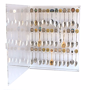DisplayGifts All Clear Acrylic Spoon Display Case Rack to Hold 36 Souvenir or Tea Spoons Wall Mount Spoon Rack Cabinet with Door for Protection