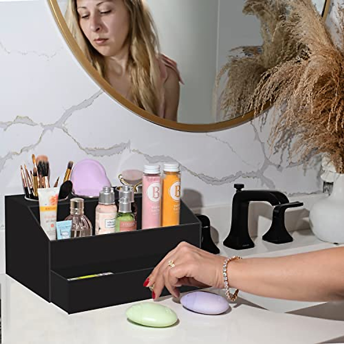Happy start Acrylic Hair Tool Organizer - Blow Dryer Holder, Hair Styling Tools & Accessories Organizer Vanity Caddy Storage Stand with Heat Resistant Stainless Steel Cups (Drawer, Black)