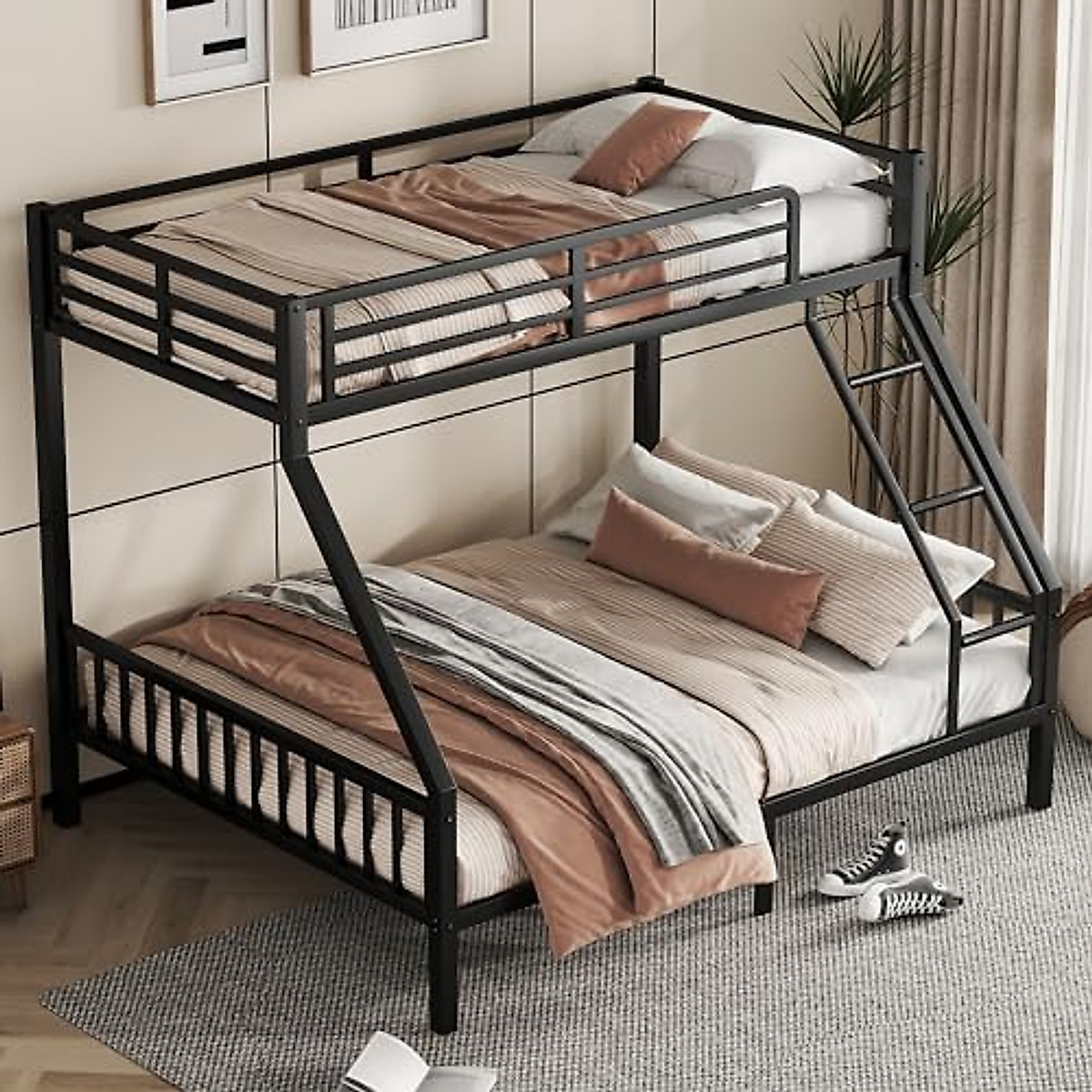 miscoos Twin XL Over Queen Bunk Bed, Heavy Duty Bunk Bed with PVC Rubber Cover Ladder and Full-Length Guardrails, Metal Queen Bed Frame with Slats Support for Adults, Teens, Kids, Black