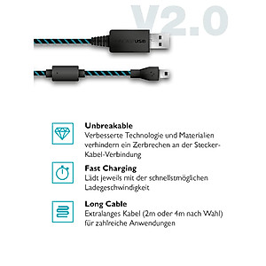 Lioncast Controller Cable for Xbox One and PS4 with Textile Cover Protection and Cable Strap Organizer | ps4 Charger Cable | Controller Charging Cable | Micro USB 2.0; 1 x 4 Meters – Blue and Black