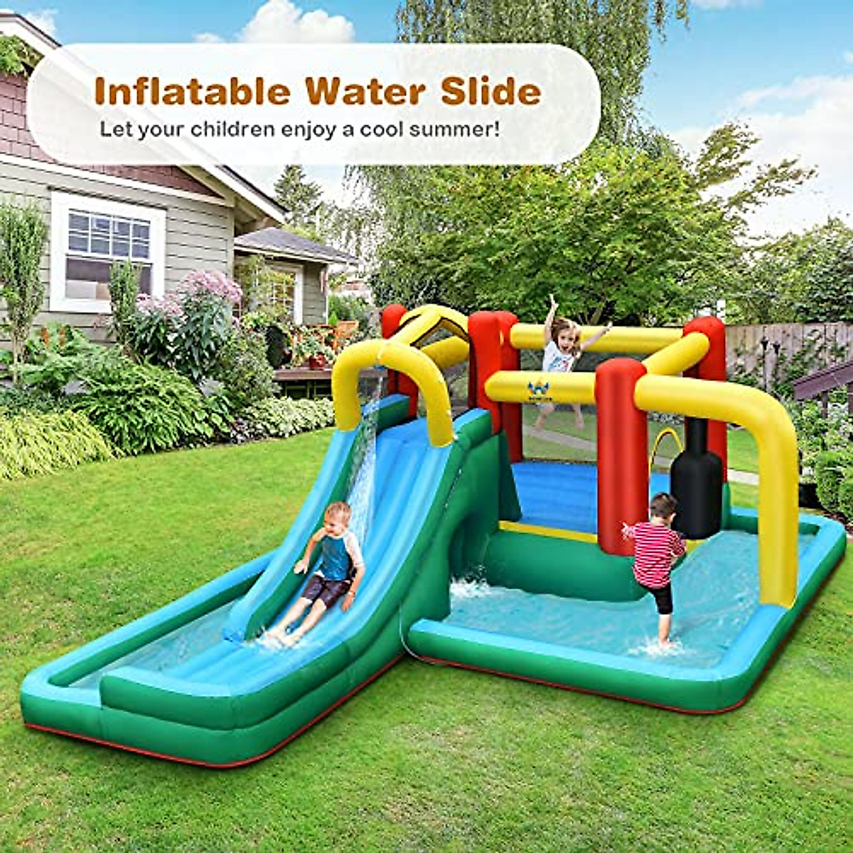 BOUNTECH Inflatable Water Slide, Water Bounce House Combo for Kids Outdoor Fun with Splash Pool, Climbing Wall, Water Park, Blow up Waterslides Inflatables for Kids and Adults Backyard Party Gifts