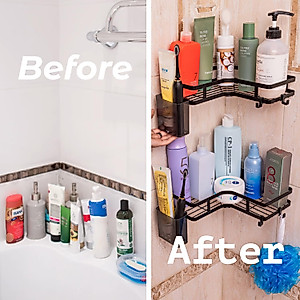 Generic Corner Shower Caddy, 2 Pack Adhesive Shower Corner Organizer Shelves, No Drilling Stainless Steel Shower Storage Rack with Hooks&Toothpaste Holder for Bathroom, Dorm and Kitchen, Black