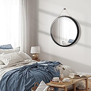 Honiway Round Mirror Black 24 inch with Bevel Wood Frame Large Circle Mirror Hanging Mirror Round Bathroom Mirror Circular Wall Mirror for Living Room Bedroom Entryway
