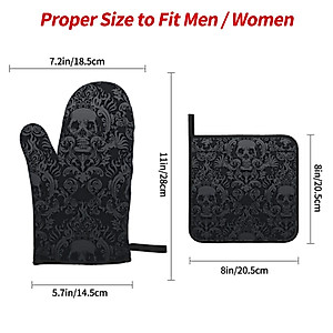 Victorian Gothic Black Skull Damask Oven Mitts and Pot Holders Sets of 4,Resistant Hot Pads with Polyester Non-Slip BBQ Gloves for Kitchen,Cooking,Baking,Grilling