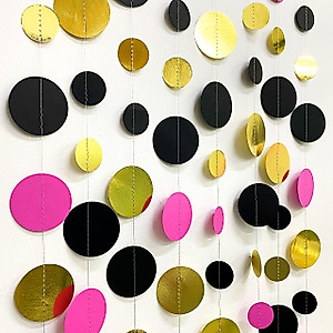 46 Ft Black Hot Pink and Gold Circle Dots Garland Hanging Paper Polka Dots Streamer for Birthday Bachelorette Engagement Wedding Baby Bridal Shower Anniversary Minnie Theme Party Decorations Supplies