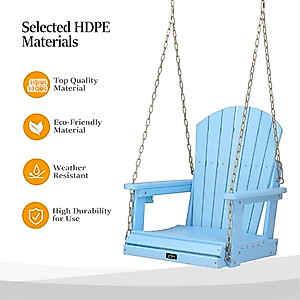 VINGLI Heavy Duty 880 LBS HDPE Porch Swing Outdoor with Rotatable Cup Holder, 1-Person Patio Hanging Swing with Adjustable Chains for Porch, Yard, Tree, Garden (Lake Blue)