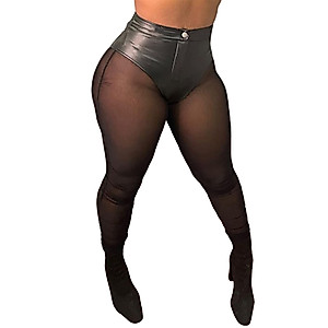 Sxglamr Women's See Through Leggings Sexy Elastic Pencil Sheer Pants Black Mesh High Waist Casual Tights