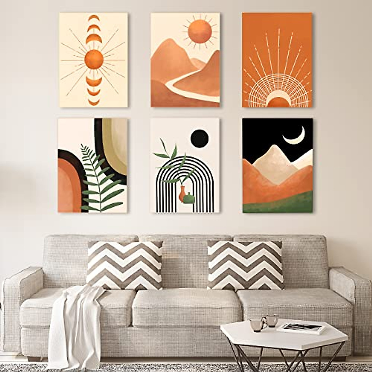 Gisipameis Boho Wall Art Set of 6, Mid Century Modern Decor 8" x 10" Unframed, Sun Moon Palm Leaf Black Beige Neutral Abstract Geometric Boho Wall Decor Canvas Prints for Bedroom Living Room Bathroom (Orange)