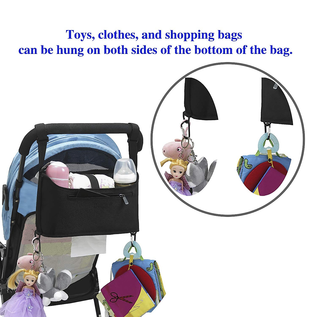 Universal baby stroller storage bag, 2 hooks, latest style，exclusive design, baby stroller, extra storage space, easy to install, storage bag (bag)