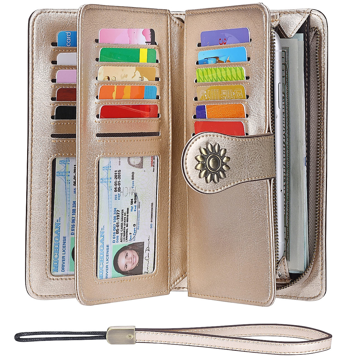 Lavemi Womens Large Capacity Genuine Leather RFID Blocking Wallets Wristlet Clutch Card Holder(Black)