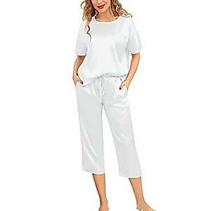 SWOMOG Womens 2 Piece Satin Pajamas Silk Short Sleeve Pjs Sets Capri Bottom Pajama Pants Loose Outfit with Pockets White X-Large