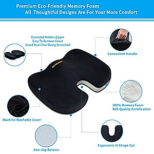 SAIREIDER Office Chair Cushion, Car Seat Cushion, Memory Foam Coccyx Cushion Pads for Tailbone Pain, Sciatica Relief Pillow, Correct Sitting Posture (Black)