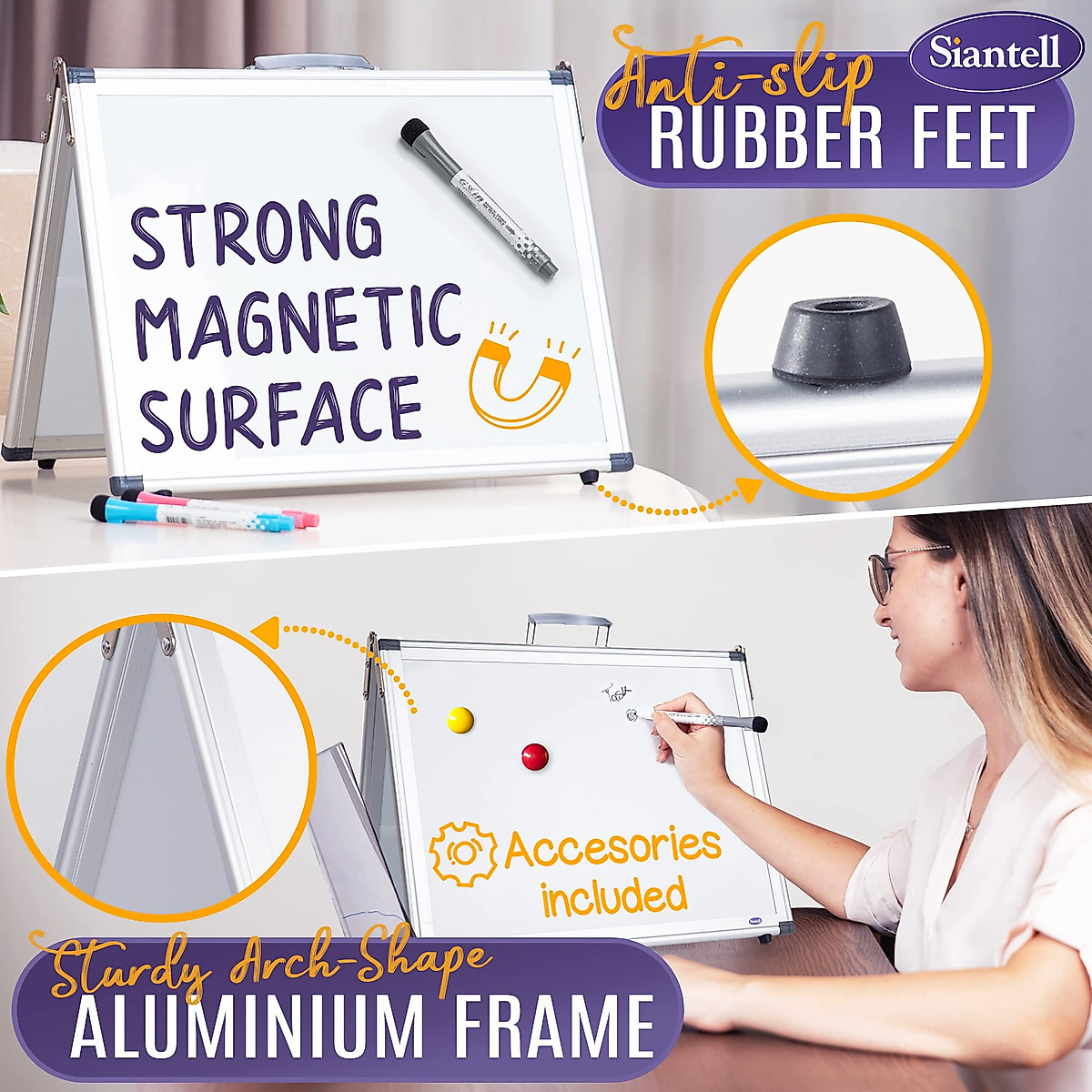 Small Dry Erase White Board – Magnetic Desktop Whiteboard - 16x12 inch 4 Sides Portable Whiteboard for Kids - Tabletop Mini Easel with Cover Bag for Office Desk, Students, Teachers