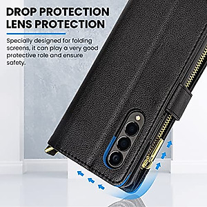 REKALRO for Galaxy Z Fold 4 Wallet Case with Card Holders, PU Leather Case Wallet Women with Long Lanyard, Wireless Charging Zipper Kickstand Magnetic Phone Case for Samsung Galaxy Z Fold 4 5G (Black)