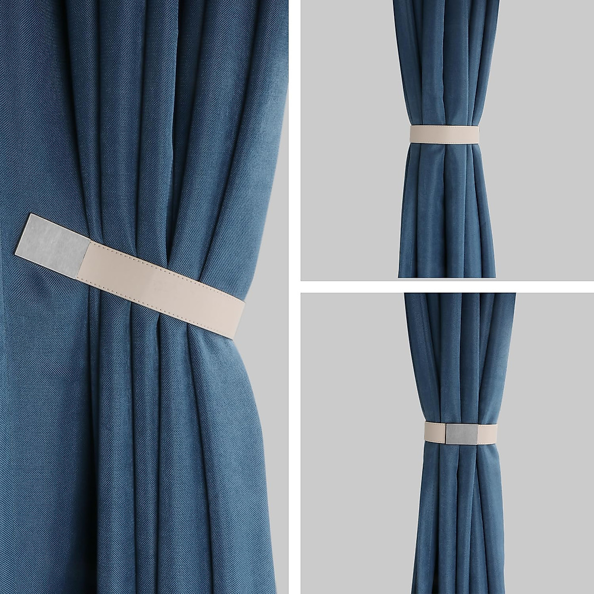 Magnetic Curtain Tiebacks Leather Curtain Outdoor Ties Modern Tie Backs Drapes Curtains Buckle Drapery Holdbacks for Home Office Cafe Balcony Decor 2 Pcs (Rice White)