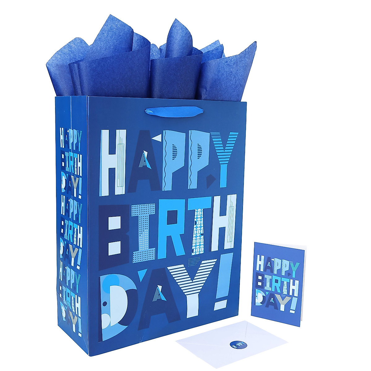 16.5” Extra Large Blue Gift Bags Set with Greeting Card and Tissue Papers (Blue Happy Birthday) for Men's Birthday Party, Kids' Parties, Baby Shower, or Baby Boy - 16.5”x5.5”x12.6”, 1 Pcs