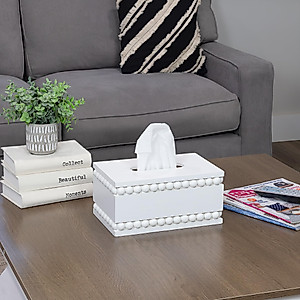 AuldHome Design Beaded Rectangular Tissue Box Cover (White); Rustic Farmhouse Wood Oblong Tissue Holder