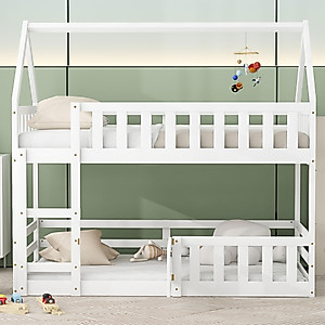 SOFTSEA Twin Over Twin House Bunk Bed, Floor Low Bunk Bed with Fence and Door, Wood Bunk Bed Frame with Guardrails and Ladder, Twin Size House Shaped Bunk Bed for Kids, No Box Spring Needed, White