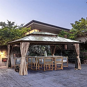 UBGO 12x16ft Outdoor Gazebo,Permanent Hardtop Gazebo with Curtain and Net,Aluminum Gazebo Pavilion with Polycarbonate Double Roof,for Garden, Patio, Lawns, Deck, Backyard, Wood Looking-Brown