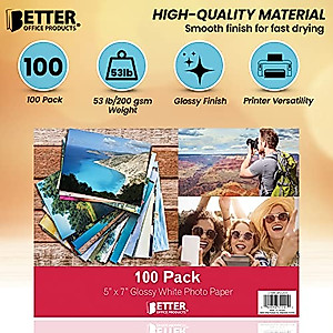 Premium Glossy Photo Paper, 5 x 7 inch, 100 Sheets, 200gsm, by Better Office Products, 5 x 7, 100-Count Pack