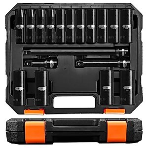 PGROUP 18-Piece 1/2 Inch Drive Deep Impact Socket Set, Standard 6 Point Metric Sizes (10mm - 24mm), Cr-V Steel, with 3", 5", and 10" Impact Extension Bars and Heavy Duty Storage Case