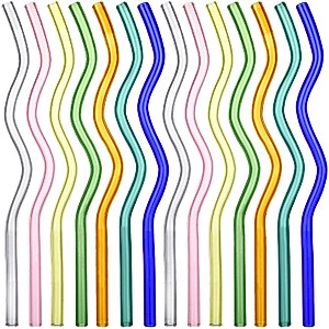 14 Pieces 8 x 200 mm Wavy High Borosilicate Transparent Glass Straws Cute Colored Glass Straws Fun Clear Hard Reusable Straws for Beverages, Coffee, Milk, Tea Straws Kids (Bright Colors)