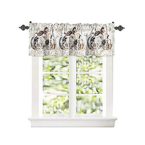 Window Curtain Valances for Kitchen Windows,Fall Flower Texture Ceramic Pumpkin Rod Pocket Short Window Valance Gold Line Leaves on White Treatment Valance for Living Room/Bathroom/Bedroom,42x18in
