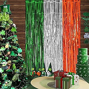 LOLStar 1 Pack St. Patrick's Day Foil Fringe Curtains St Patricks Day Party Decoration 3.3x8.2 ft Green White Orange Tinsel Fringe Curtain Photo Booth Prop Streamer Backdrop for Irish Party Decoration