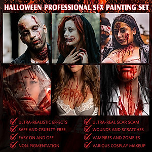 4PCS Halloween Fake Blood Makeup Kit, [Coagulated Blood + Fake Blood Spray 60ML + Dripping Blood 60ML + Black Stipple Sponge], Fake Blood Washable for Clothes Face SFX Wound, Vampire