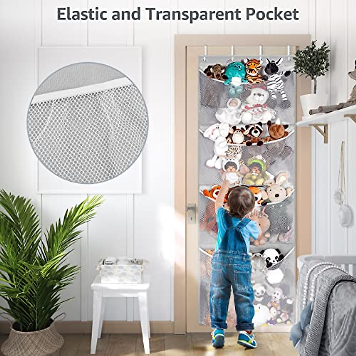 Hanging Stuffed Animal Storage, Over The Door Large Plush Toy Organizer with Metal Hook, Baby Accessories Holder Idea for Nursery, Doll & Teddy Bear Mesh Hammock Bag for Girls Boys Kids Room