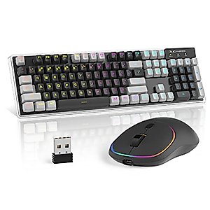 Wireless Gaming Keyboard and Mouse Combo, MageGee V550 2.4G Rechargeable RGB Backlit Keyboard with Clear Shell, Full Size Waterproof Keyboard & LED Mice for PC/Laptop - Gray & Black