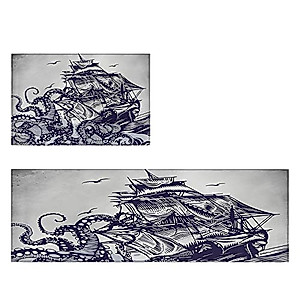 Kitchen Mats for Floor, Nautical Theme Octopus Sea Monster Kitchen Rugs, Kitchen Organization Anti-Fatigue Kitchen Mat, Kitchen Decor Runner Rug Room Decor Standing Desk Mats