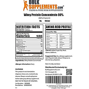 BULKSUPPLEMENTS.COM Whey Protein Concentrate Powder - Whey Protein Powder - Protein Powder Unflavored - Flavorless Protein Powder - 30g per Serving, 33 Servings (1 Kilogram - 2.2 lbs)