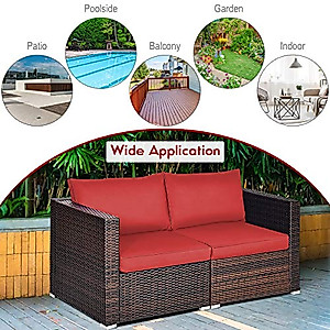 Tangkula Wicker Loveseat 2 Piece, Patio Furniture Couch with Removable Cushions, Rattan Loveseat Sofa for Balcony, Deck, Garden and Poolside
