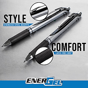 Pentel EnerGel RTX Deluxe Retractable Liquid Gel Pen, Fine .7mm Metal Tip, Black Ink, Silver Barrel (Bulk Lot of 15) (BL77-A)