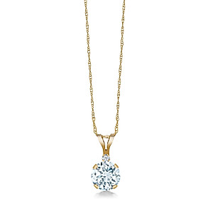 Gem Stone King 14K Yellow Gold Sky Blue Aquamarine and White Created Sapphire Pendant Necklace For Women (0.77 Cttw, Round 6MM, with 18 Inch Chain)