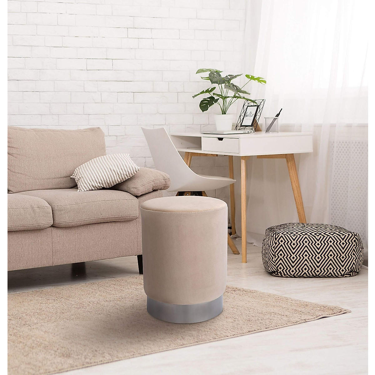 BIRDROCK HOME Round Taupe Velvet Ottoman Foot Stool – Soft Compact Padded Vanity Stool - Great for The Living Room, Bedroom and Kids Room - Small Furniture (Taupe)