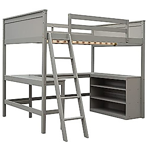 BIADNBZ Full Size Loft Bed with 2 Desks and Bookshelves,Wooden LoftBed with Guardrails and Ladder for Kids/Teens/Bedroom,Gray
