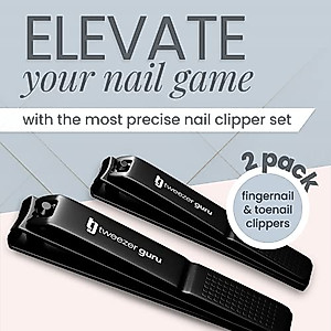 Tweezer Guru Nail Clippers - 2 Pack Professional, Stainless Steel Toe & Finger Nail Clipper Set for Men, Women and Kids - Curved Edge, Matte Black