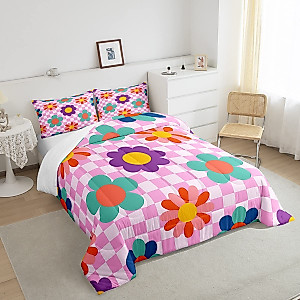 Groovy Flower Comforter Set Twin for Kids,Retro Kawaii Florals Bedding Y2K Room Decor for Teens Girls,Hippie Aesthetic Funny Blossom Quilt Pink Buffalo Plaid Duvet Insert with 1 Pillowcase