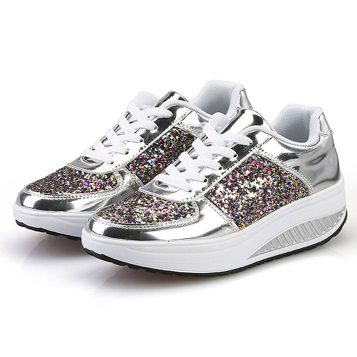 Womens Sports Walking Sneakers Platform Crystal Bling Sneakers Fashion Shoes Lace-Up Flat Heel Orthopedic Shoes Silver